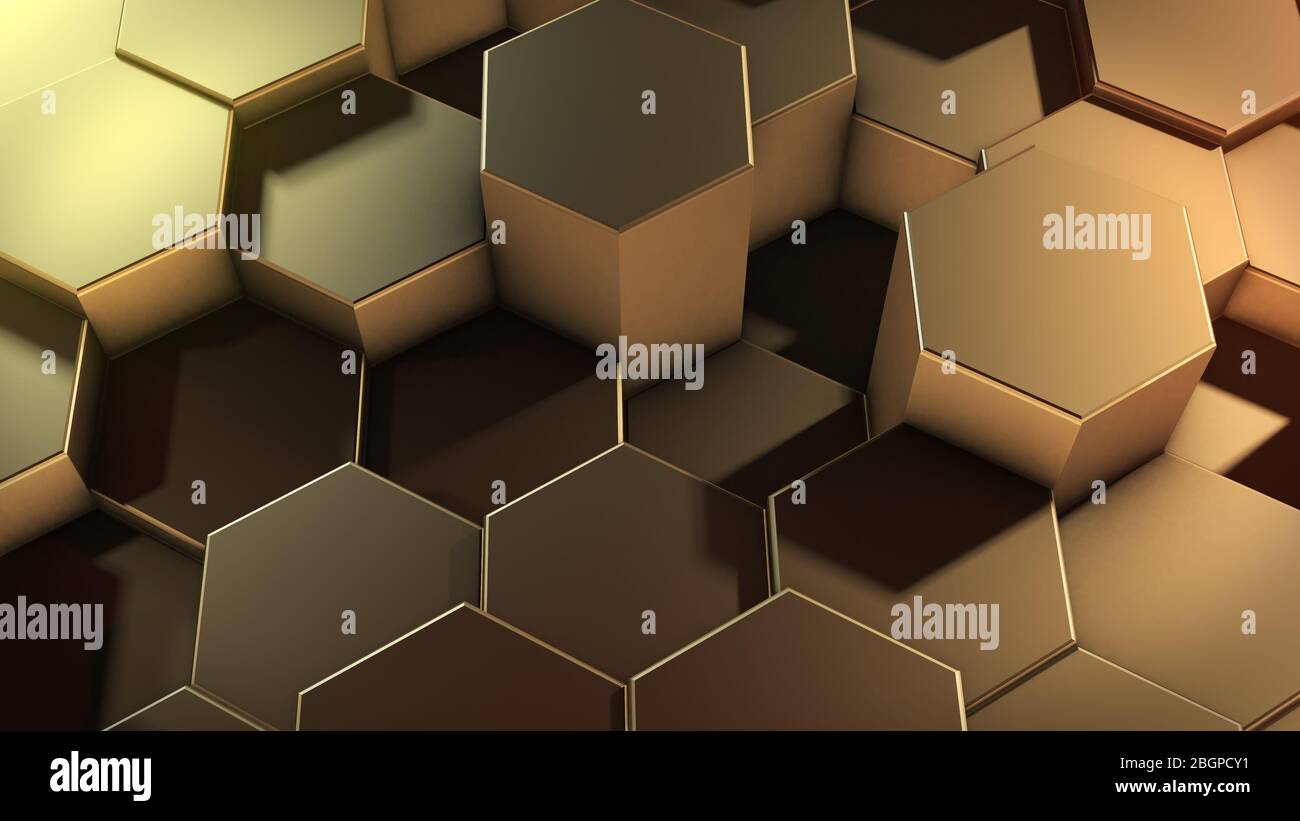 3D rendering of abstract hexagonal geometric golden surfaces in virtual ...