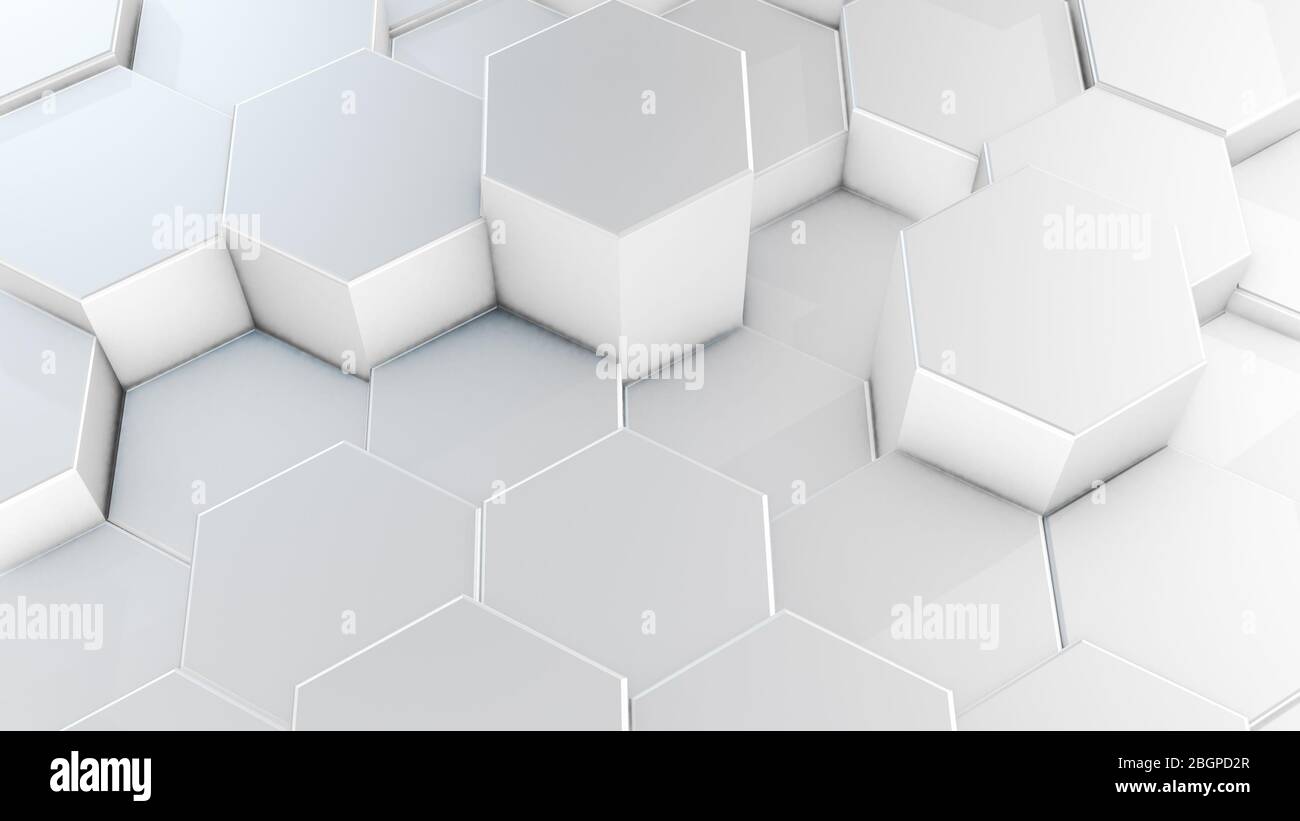 3D rendering of abstract hexagonal geometric white surfaces in virtual ...