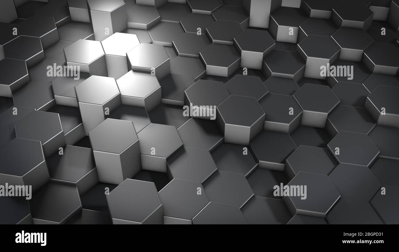 3D rendering of abstract hexagonal geometric metallic surfaces in ...