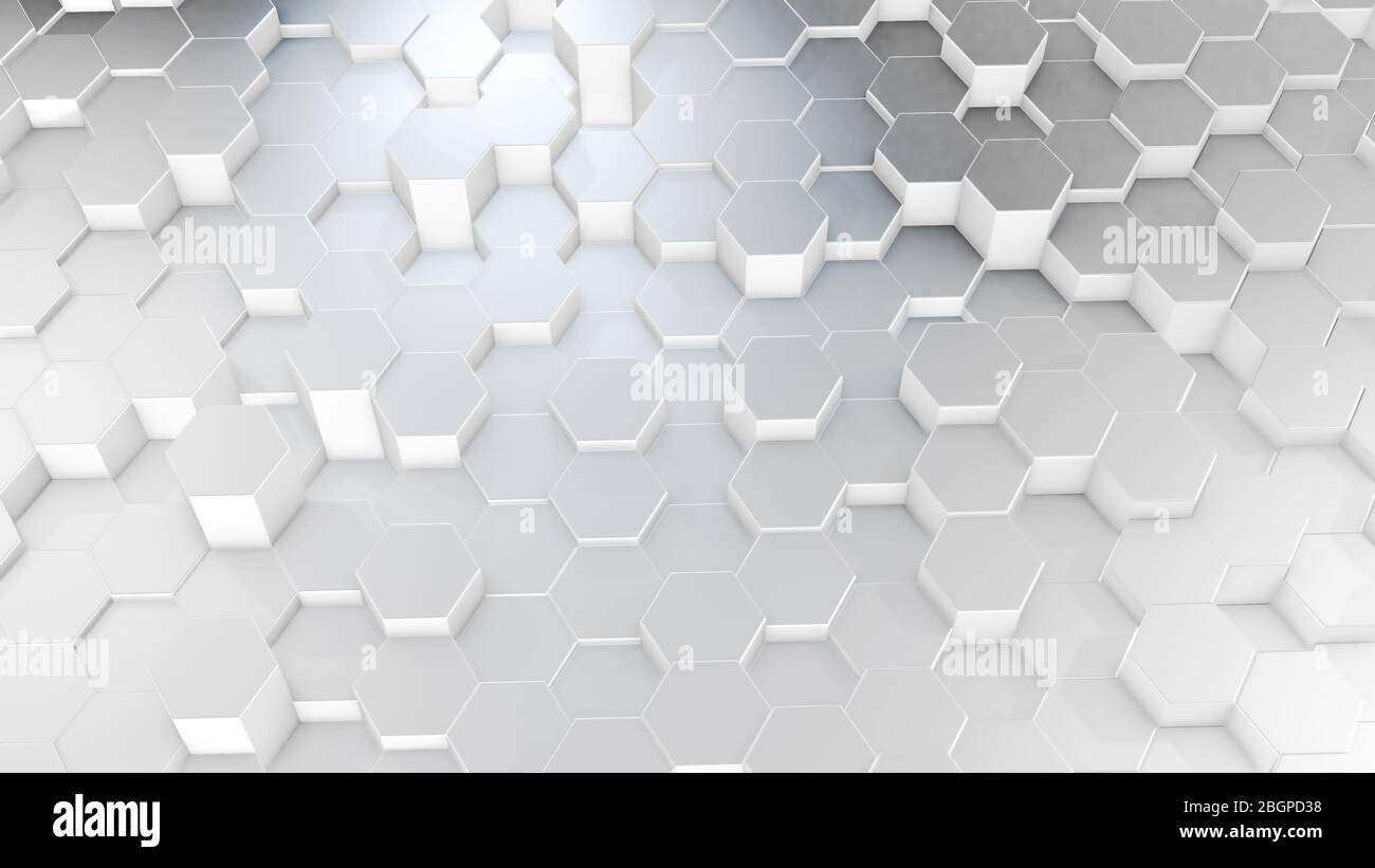 3D rendering of abstract hexagonal geometric white surfaces in virtual ...