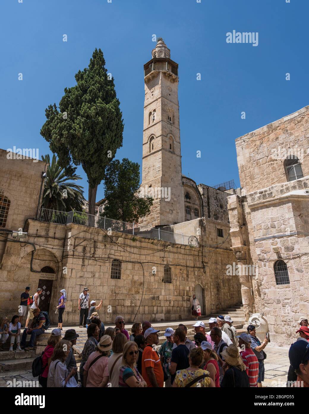Israel, Jerusalem, The minaret of the Mosque of Omar, located next to ...