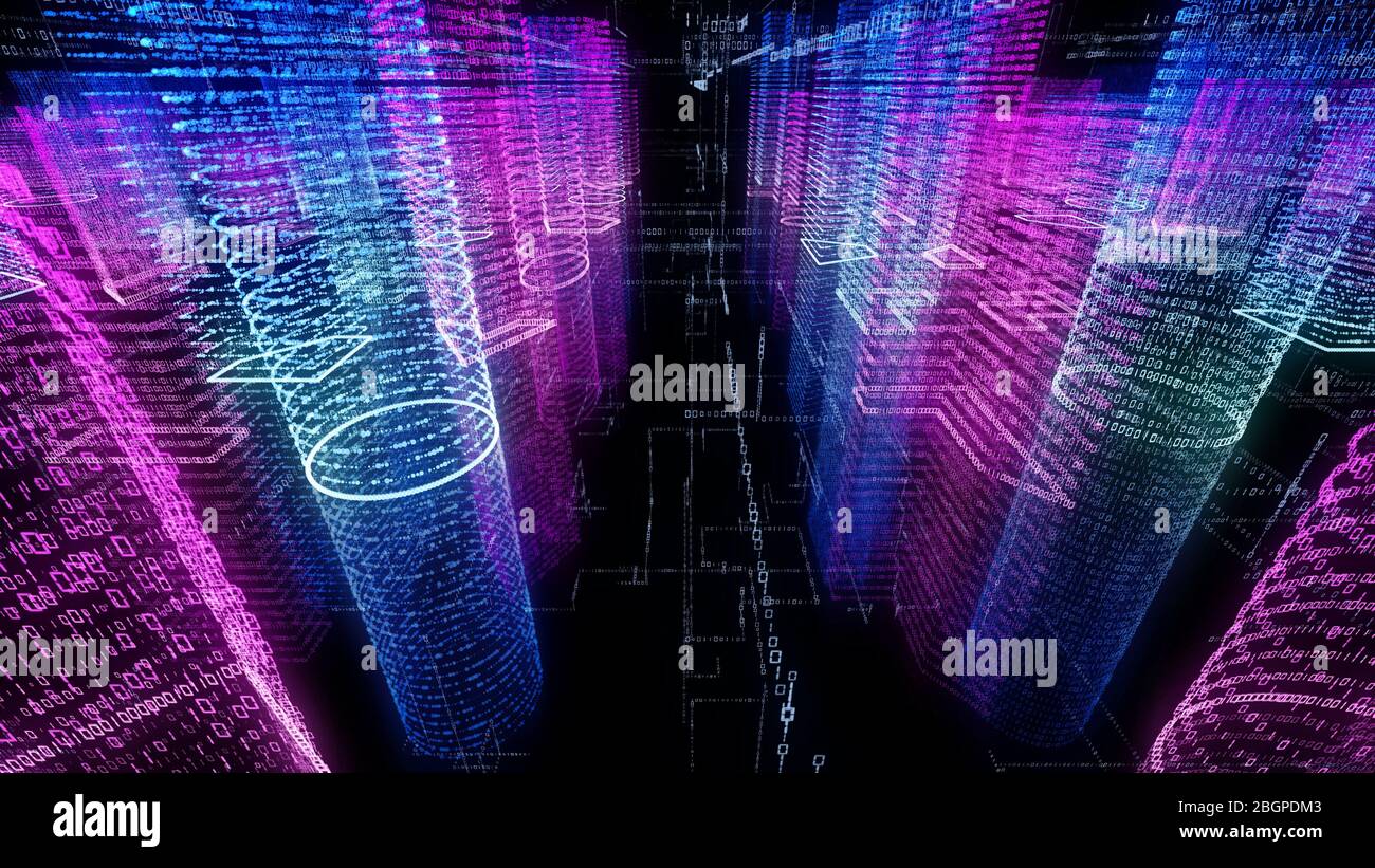 3D rendering of abstract virtual city inside a computer system ...