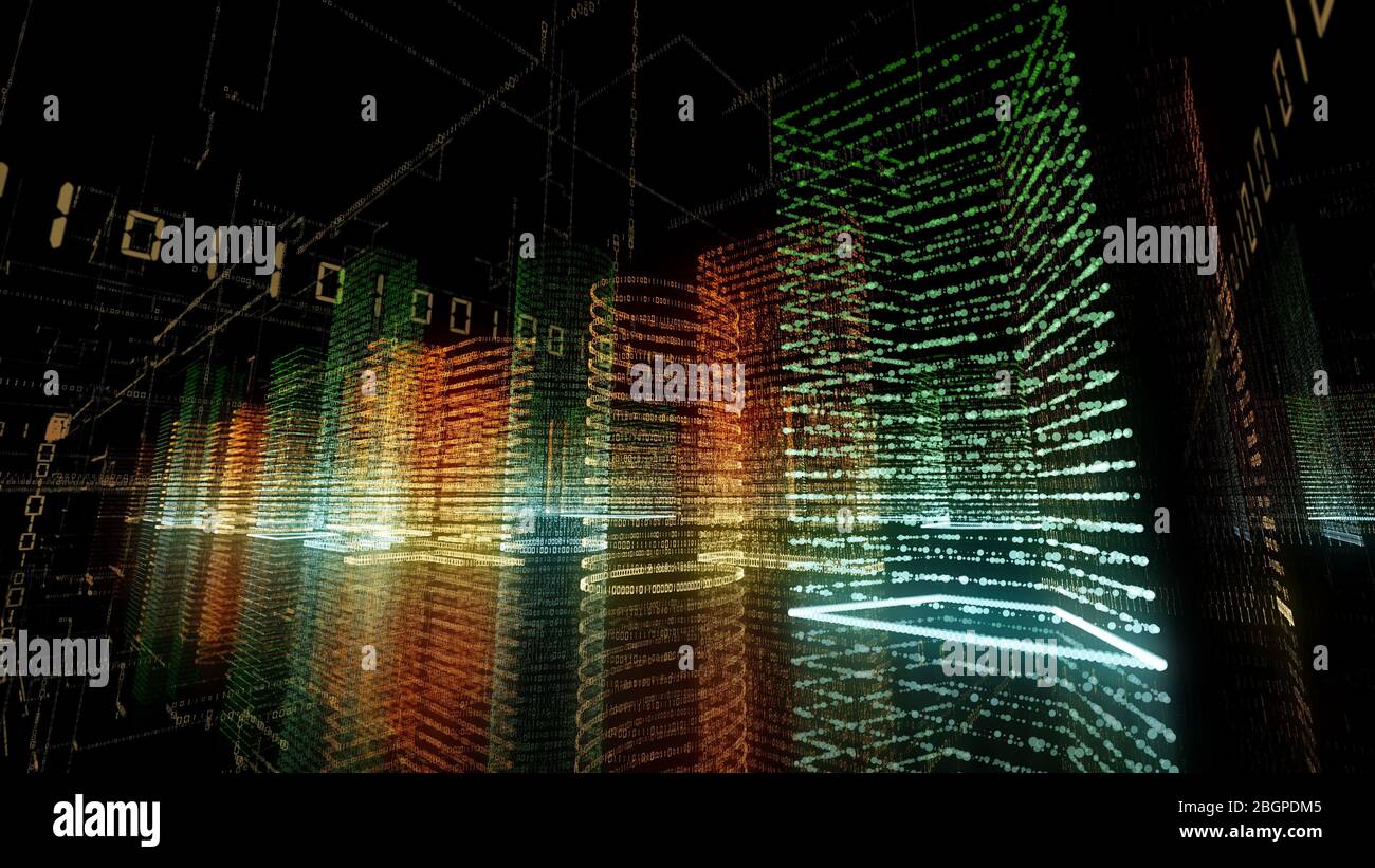 3D rendering of abstract virtual city inside a computer system ...