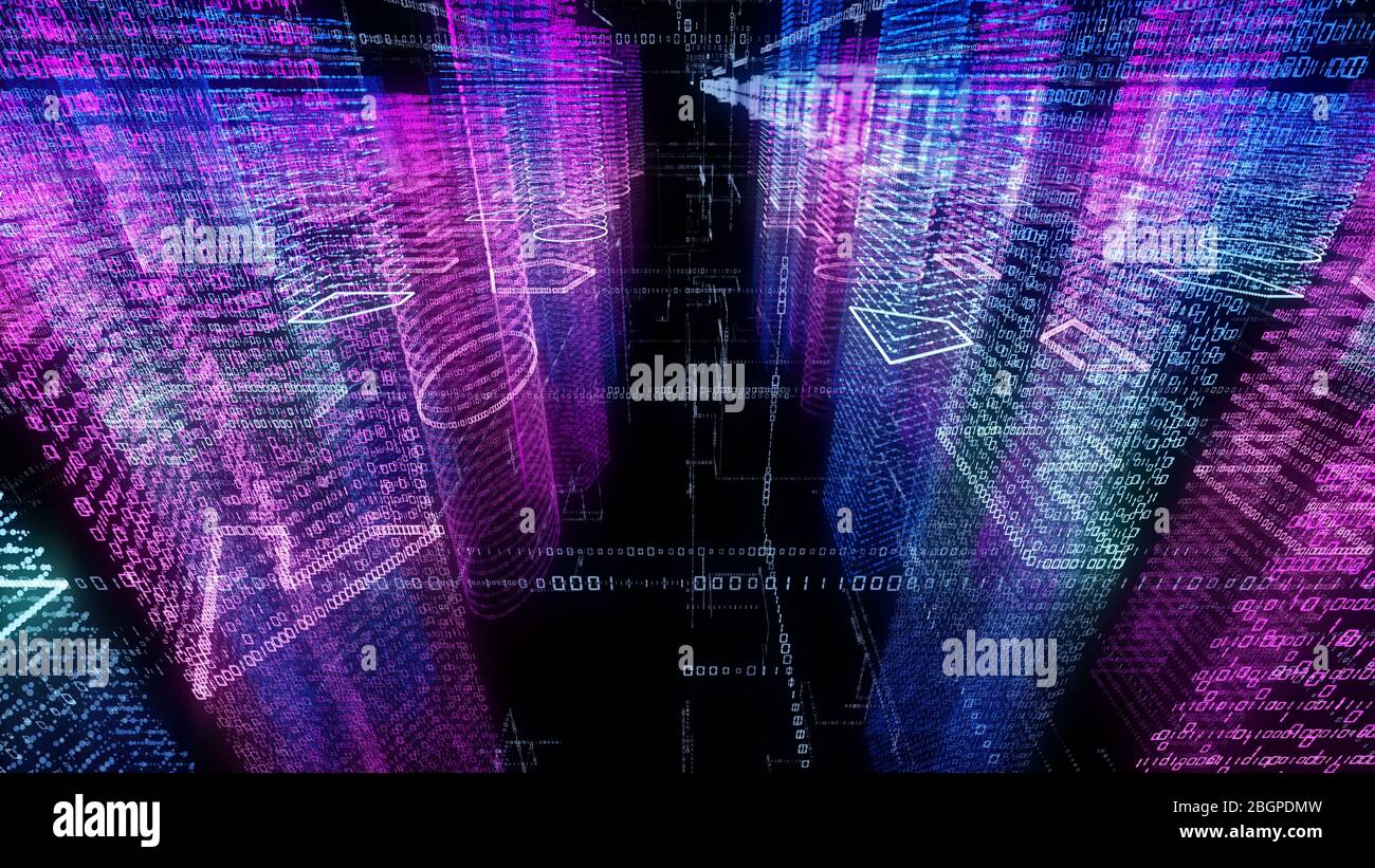 3D rendering of abstract virtual city inside a computer system ...