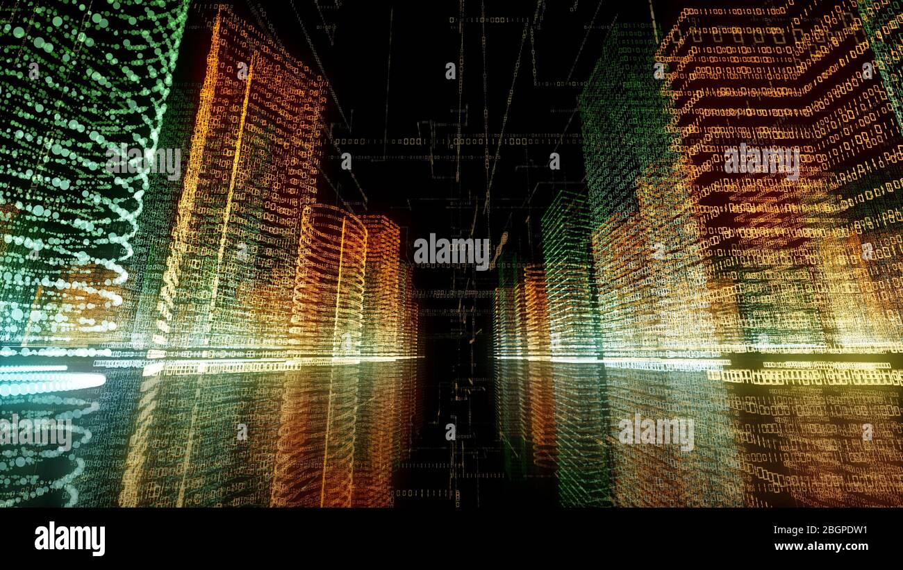 3D rendering of abstract virtual city inside a computer system ...