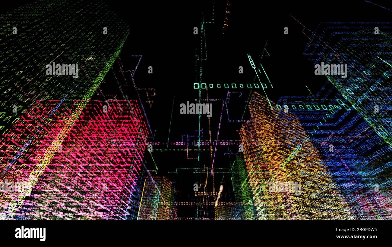 3D rendering of abstract virtual city inside a computer system ...