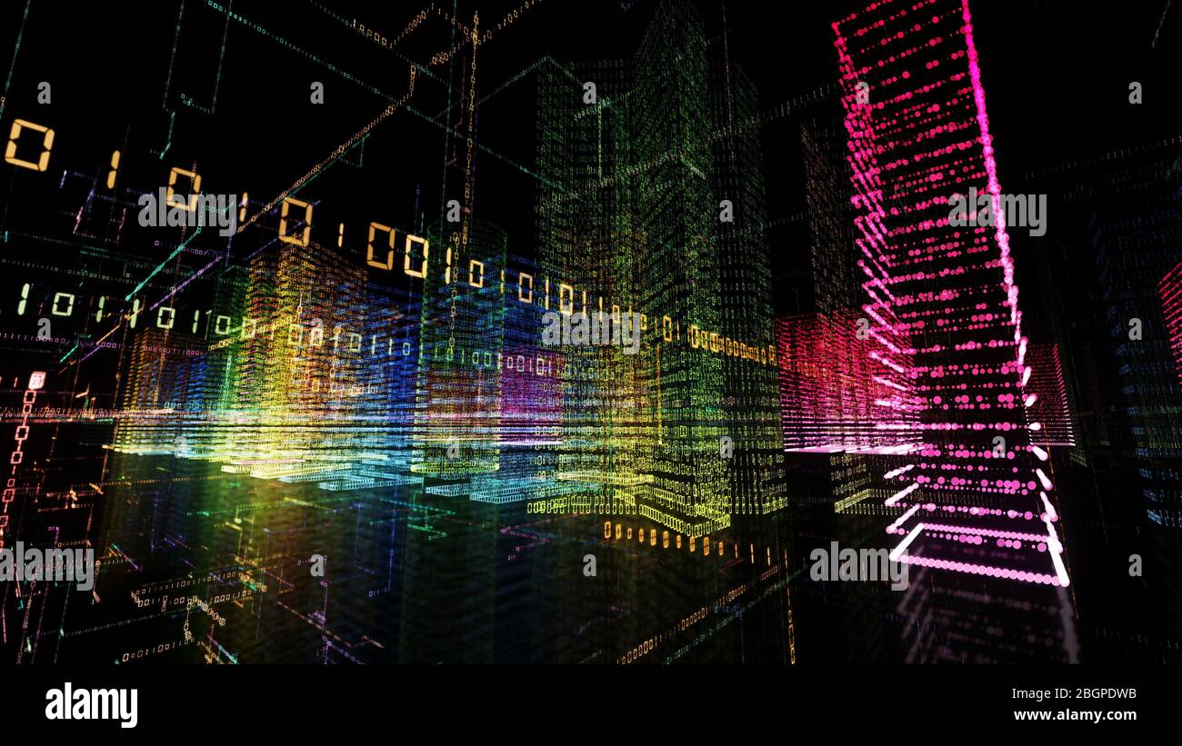 3D rendering of abstract virtual city inside a computer system ...