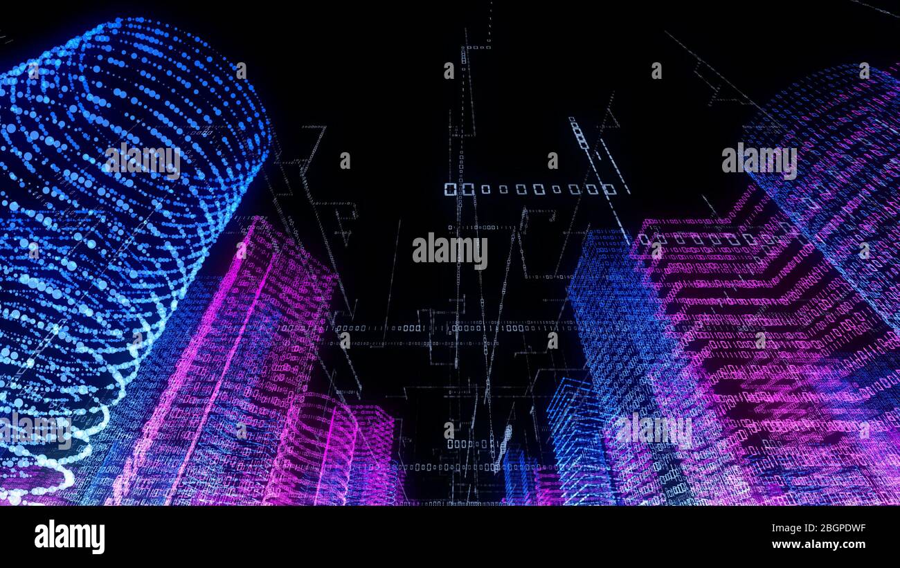3D rendering of abstract virtual city inside a computer system ...
