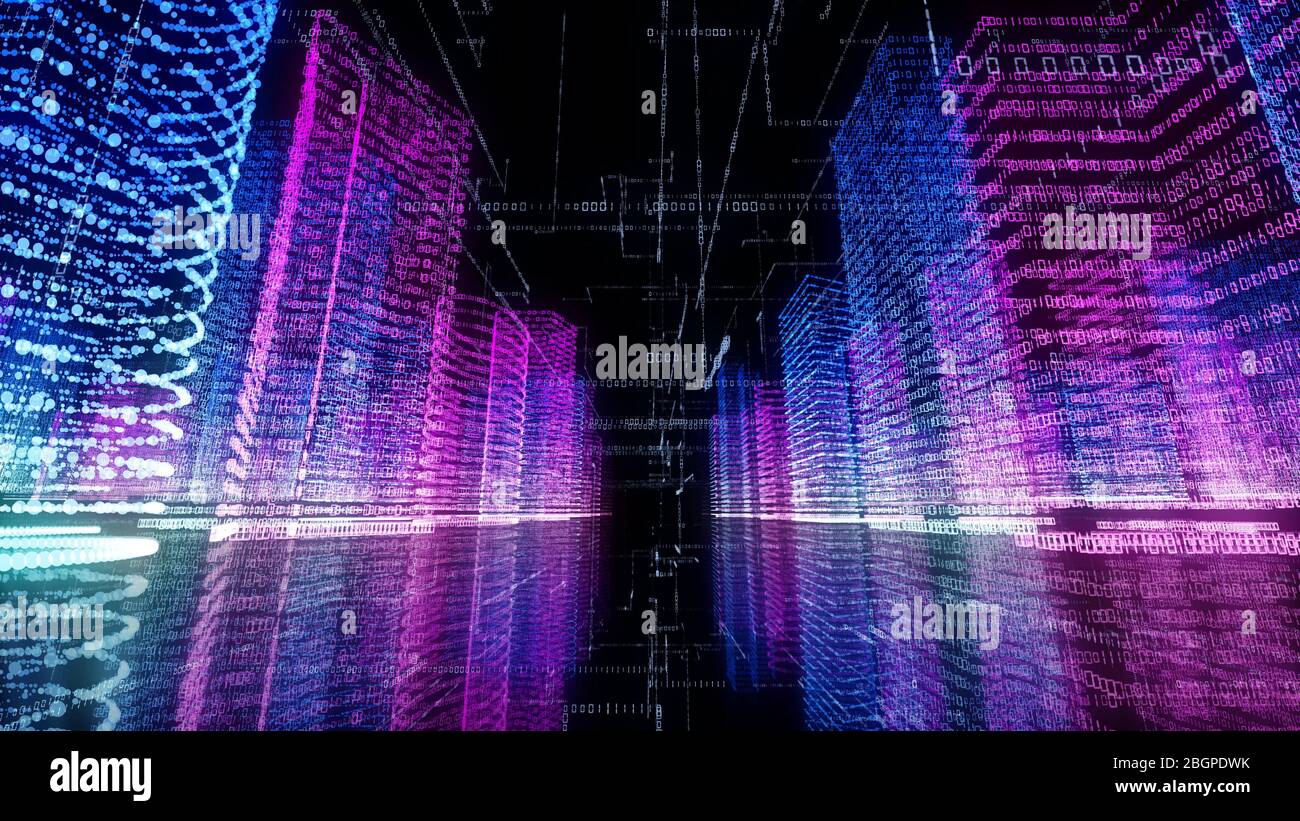 3D rendering of abstract virtual city inside a computer system ...