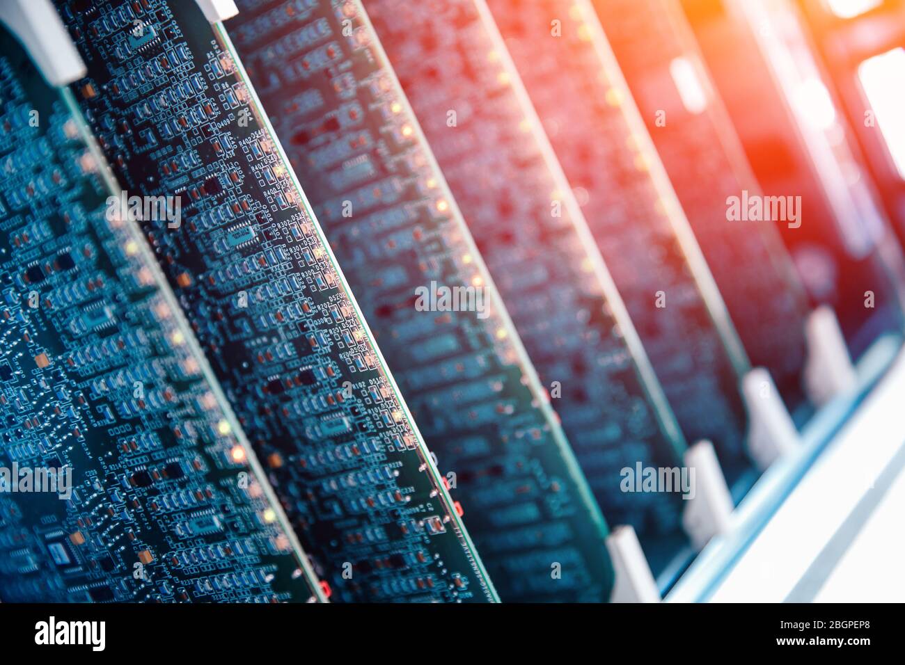 Close-up of microcircuit board for server computer, blue color Stock ...