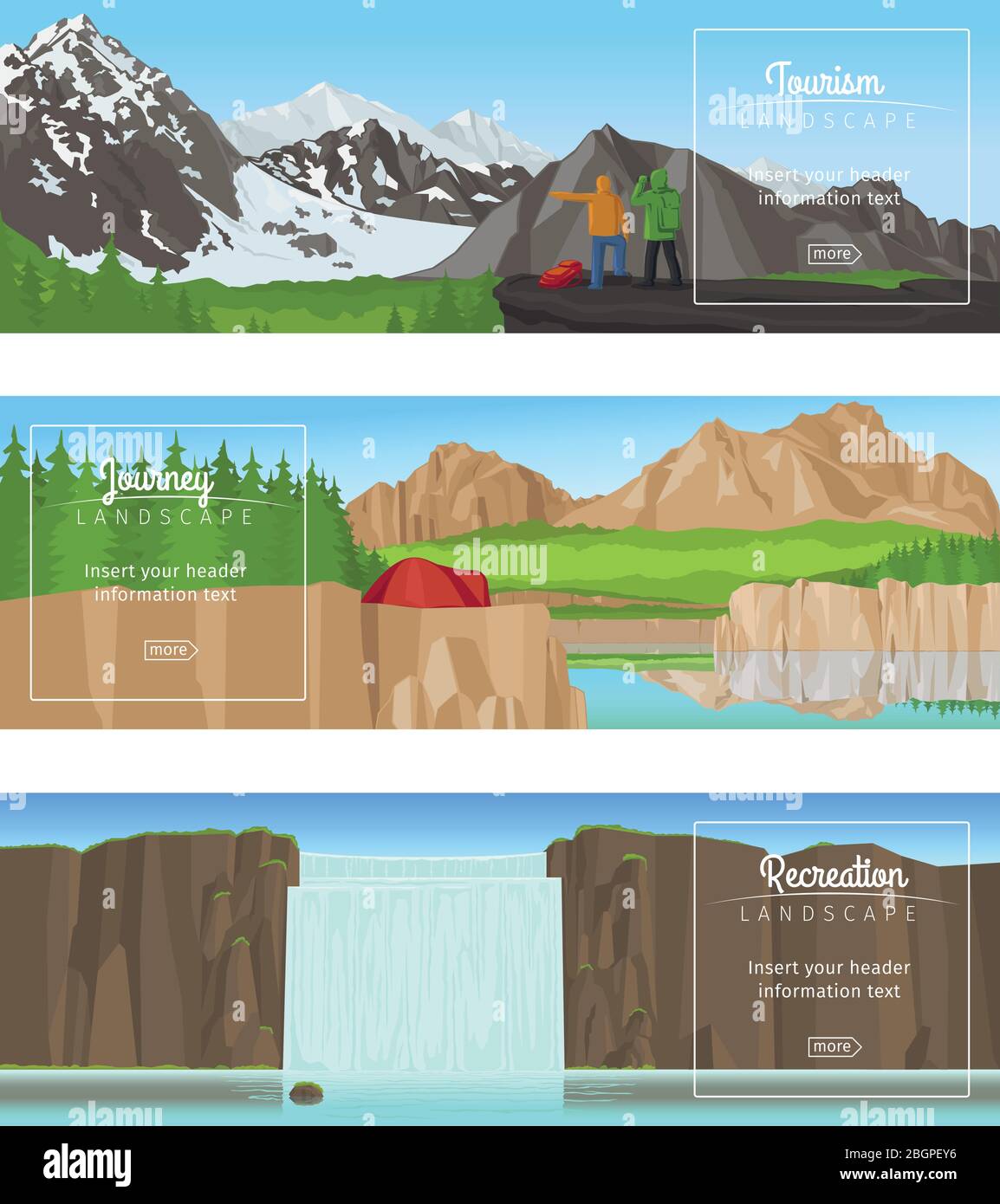Journey banner or camping banner set. Camping at mountain lake banners ...