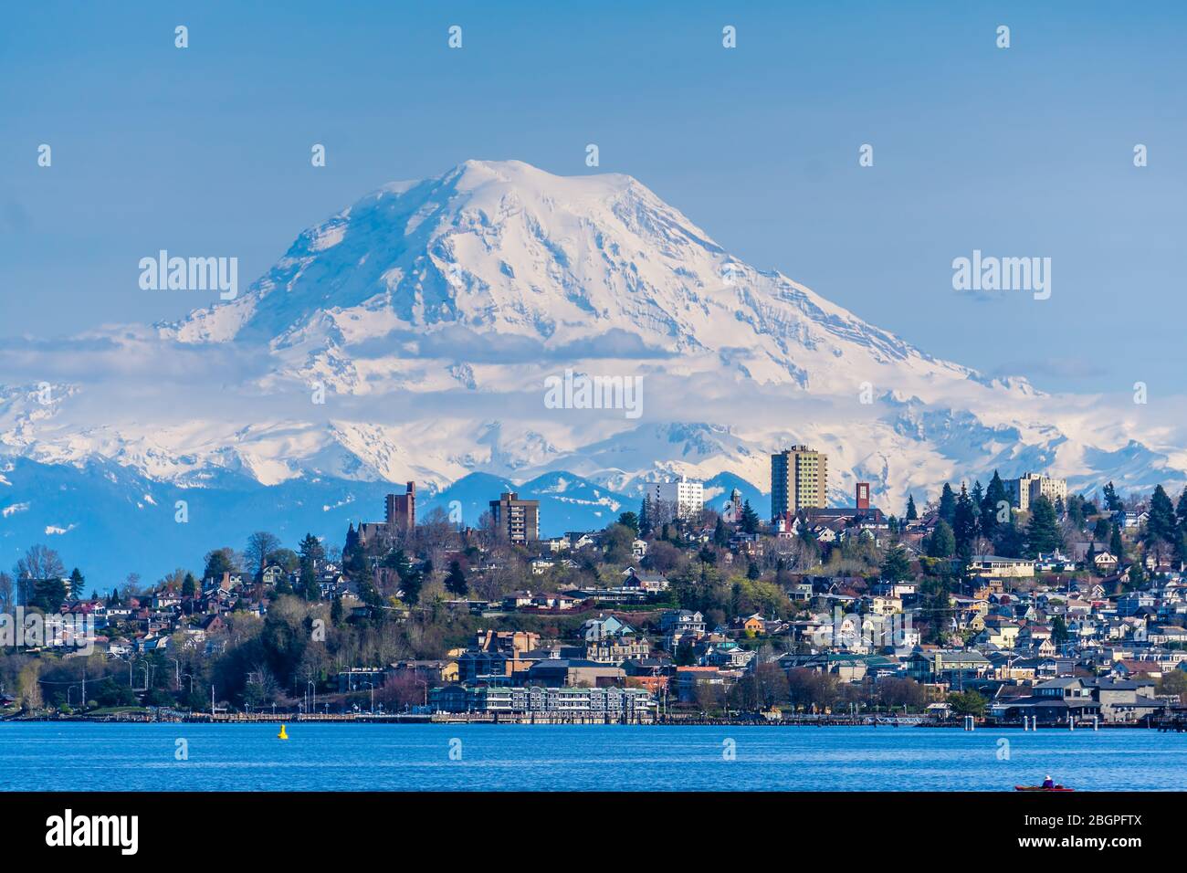 A view of the Port of Tacoma and Mount Rainier from Ruston, Washington ...