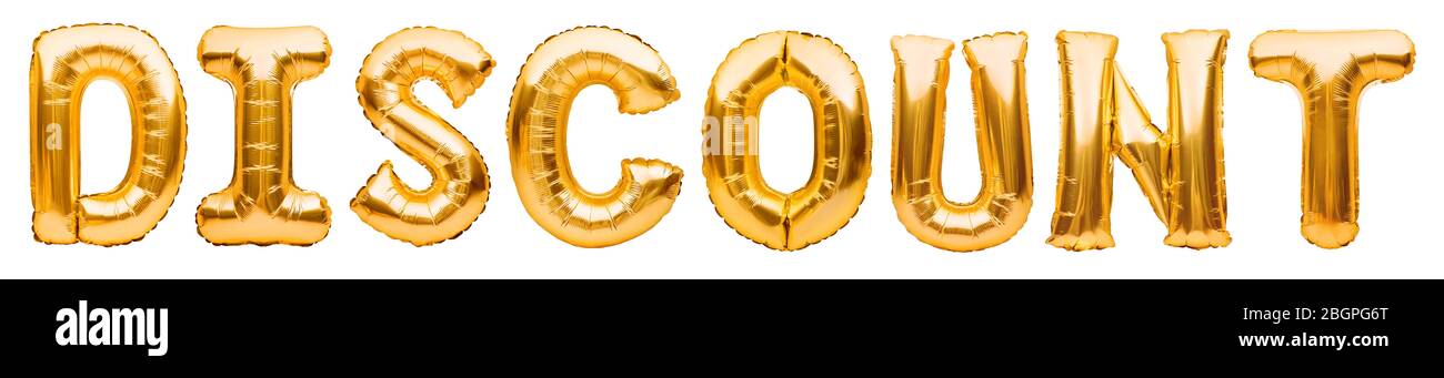 Word DISCOUNT made of golden inflatable balloons isolated on white ...