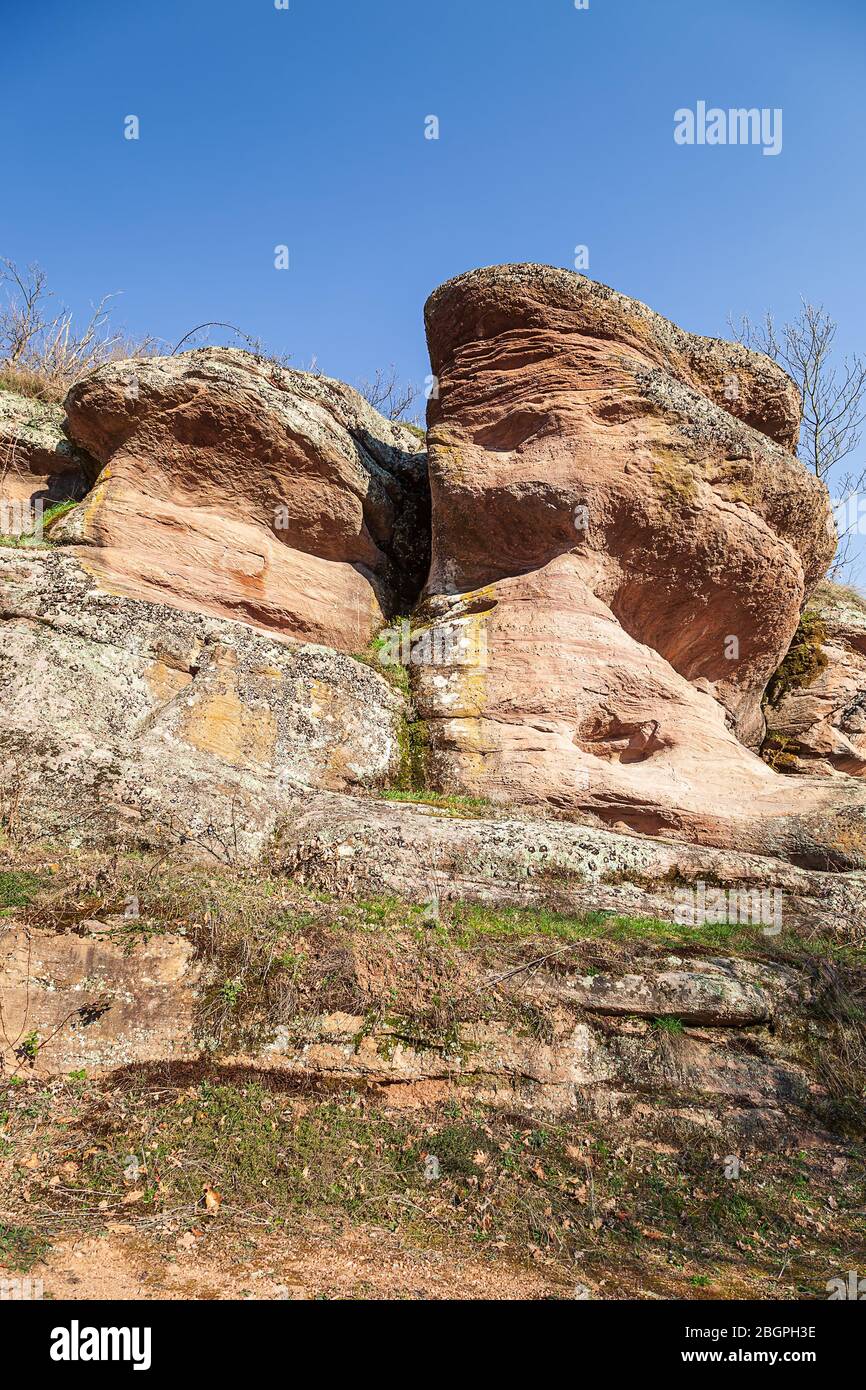 Beautiful shapes of eroded red rocks covered by golden, sunlit moss ...