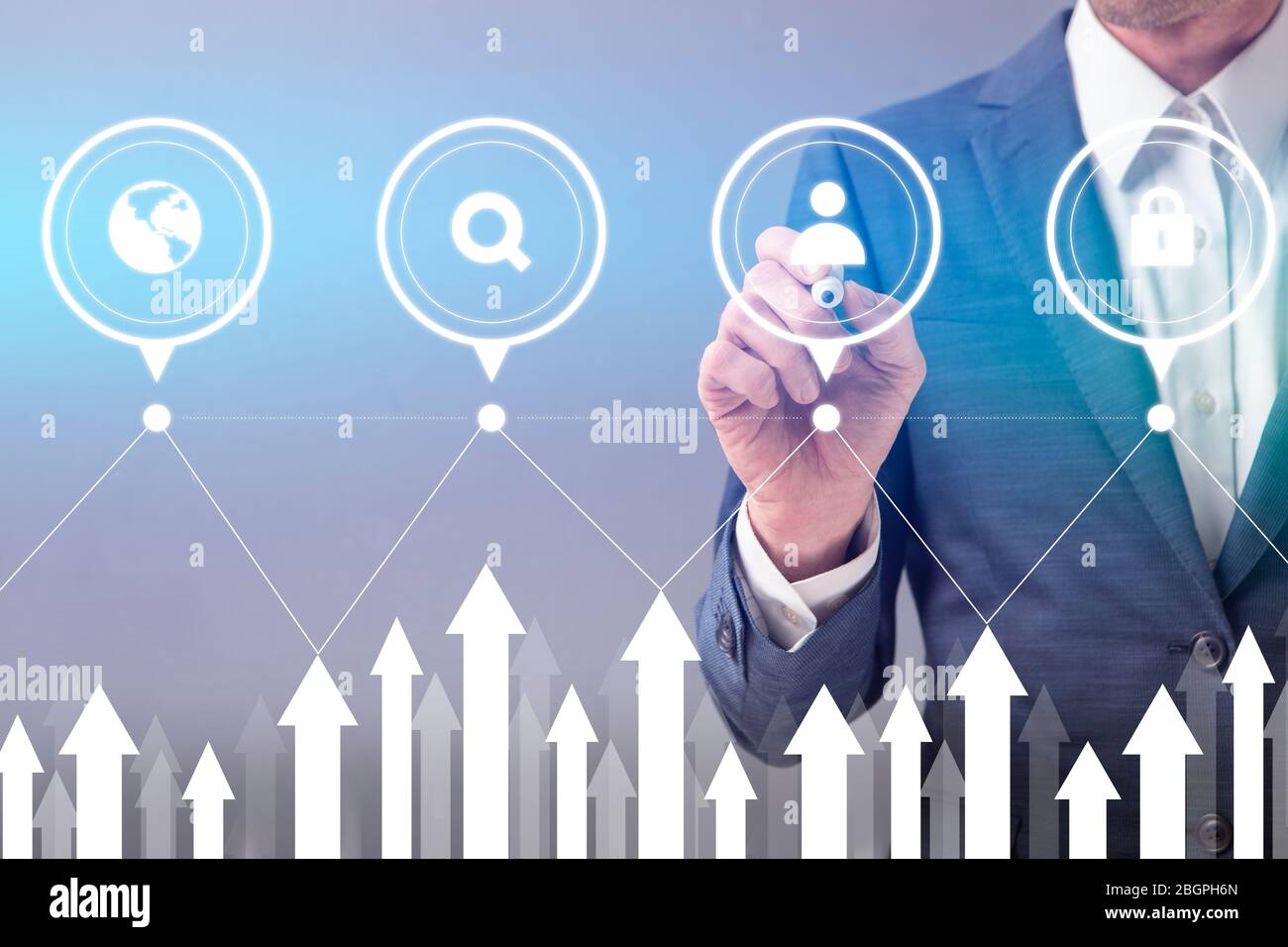 Man pointing at virtual screen with pen Stock Photo - Alamy