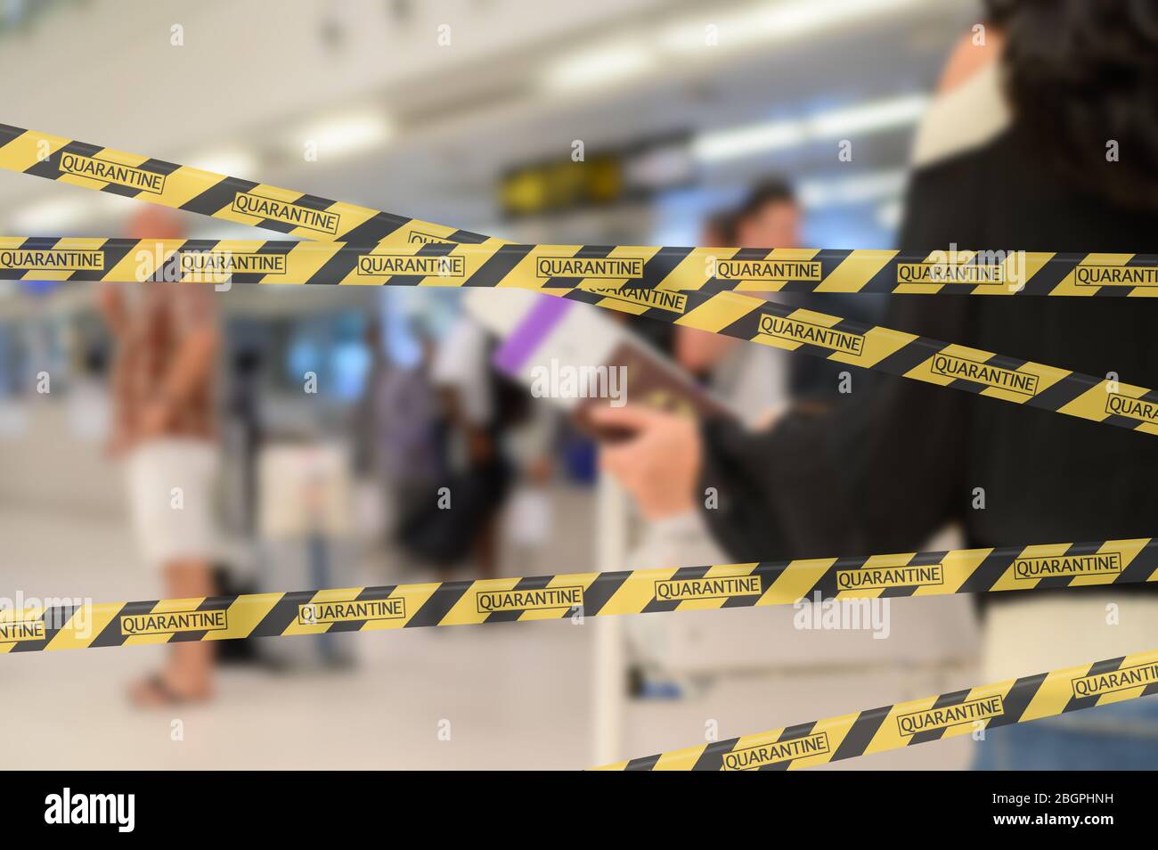 quarantine area in transportation.Text on yellow warning stripes ...