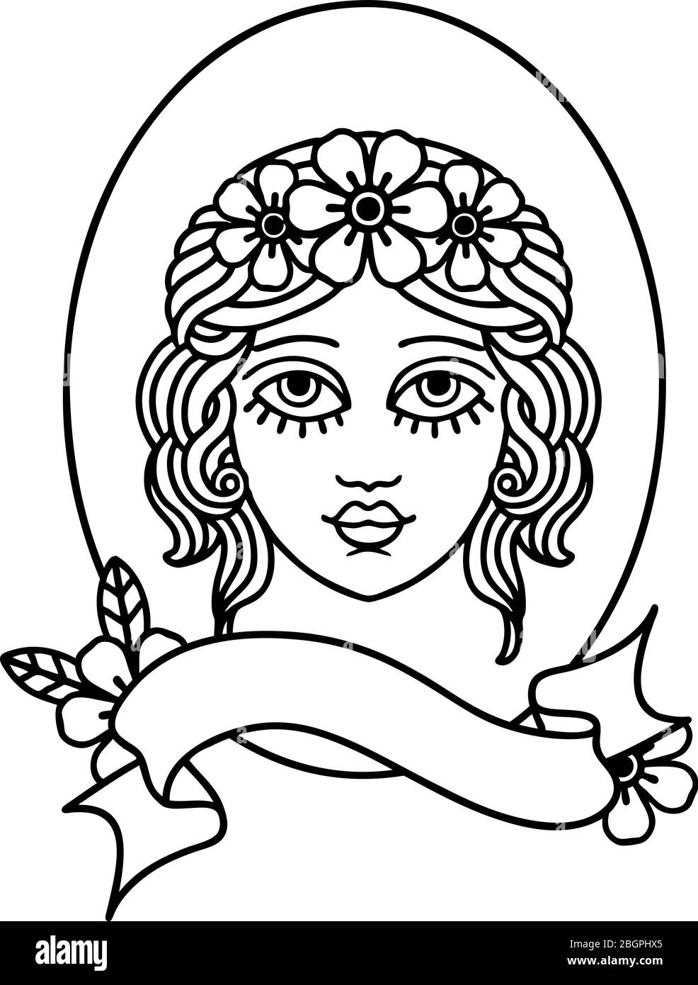 traditional black linework tattoo with banner of a maiden with flowers ...