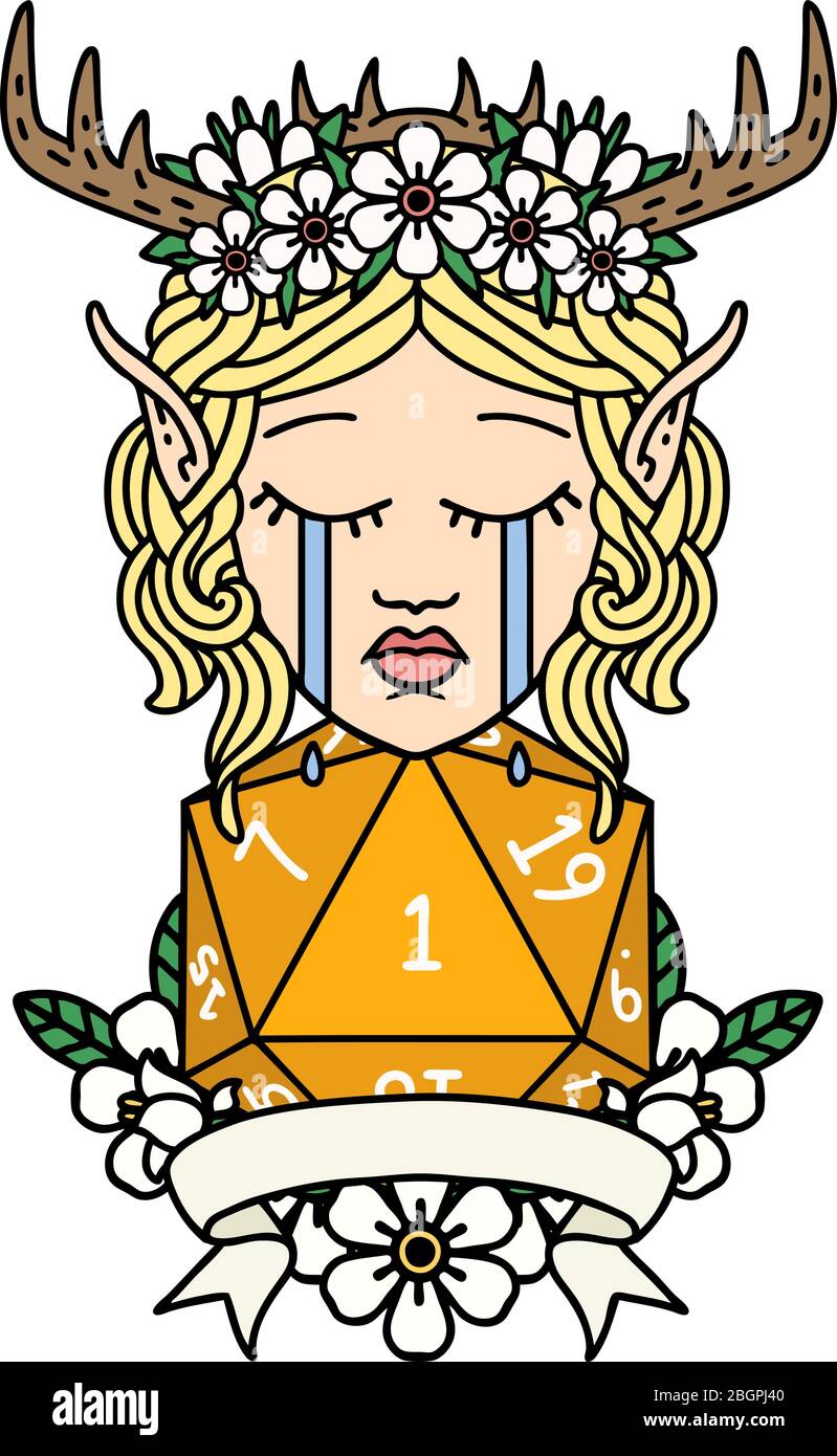 Retro Tattoo Style sad elf druid character face with natural one D20 ...