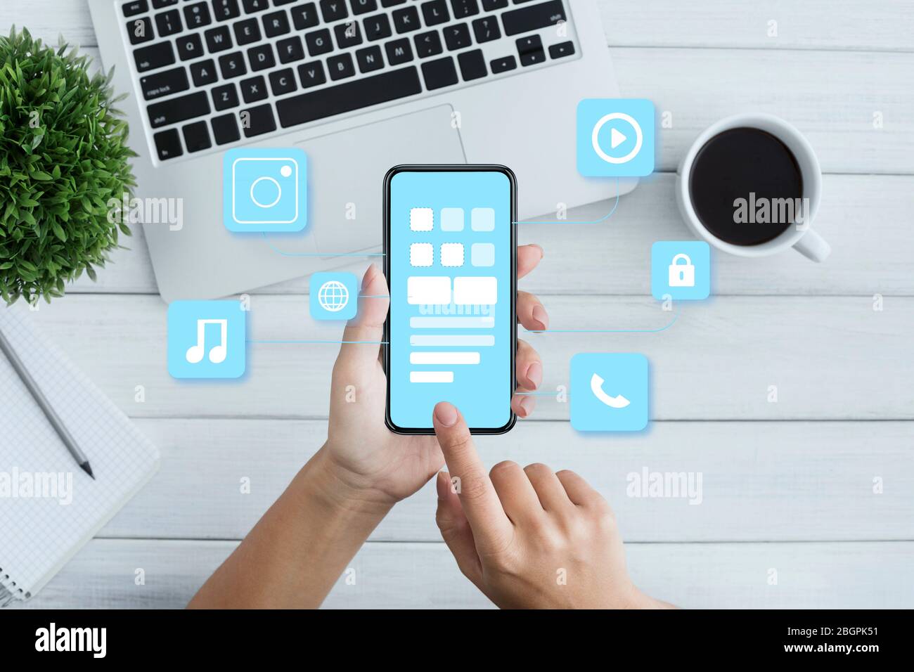 Online Communication Concept. Female worker using phone Stock Photo - Alamy