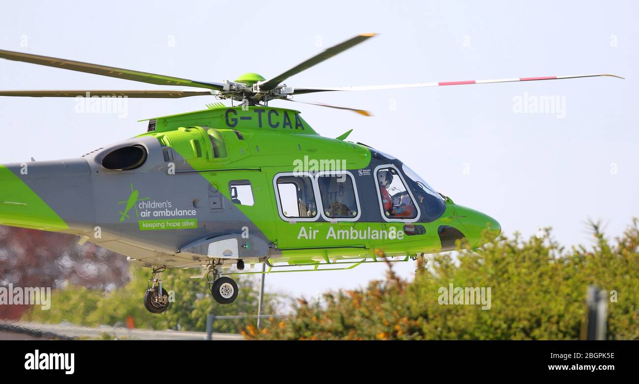 Liverpool,U.K. 22nd April 2020 Children’s Air Ambulance lands at Alder ...