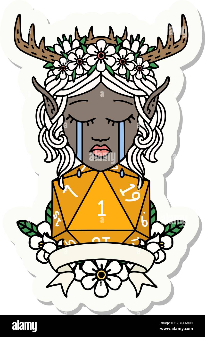 sticker of a sad elf druid character face with natural one D20 roll ...