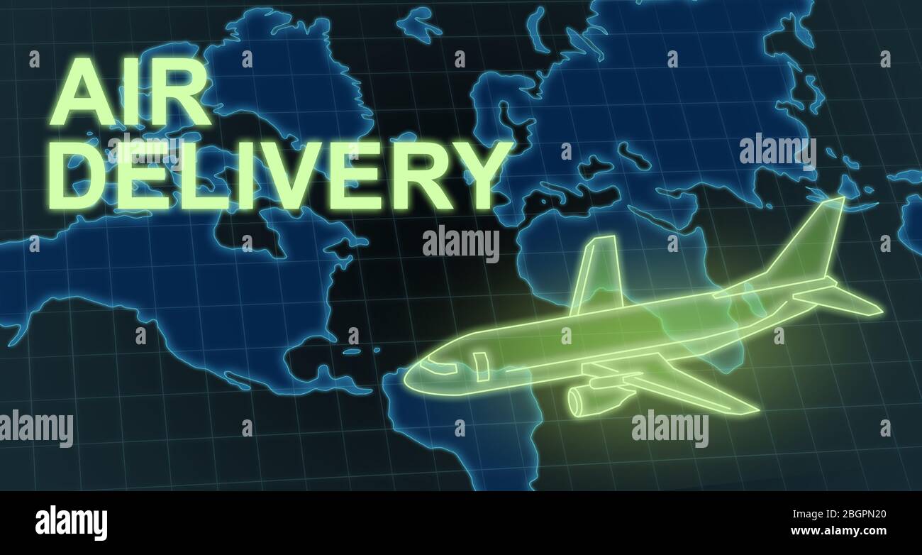 Plane transporting goods over world map and words AIR DELIVERY ...