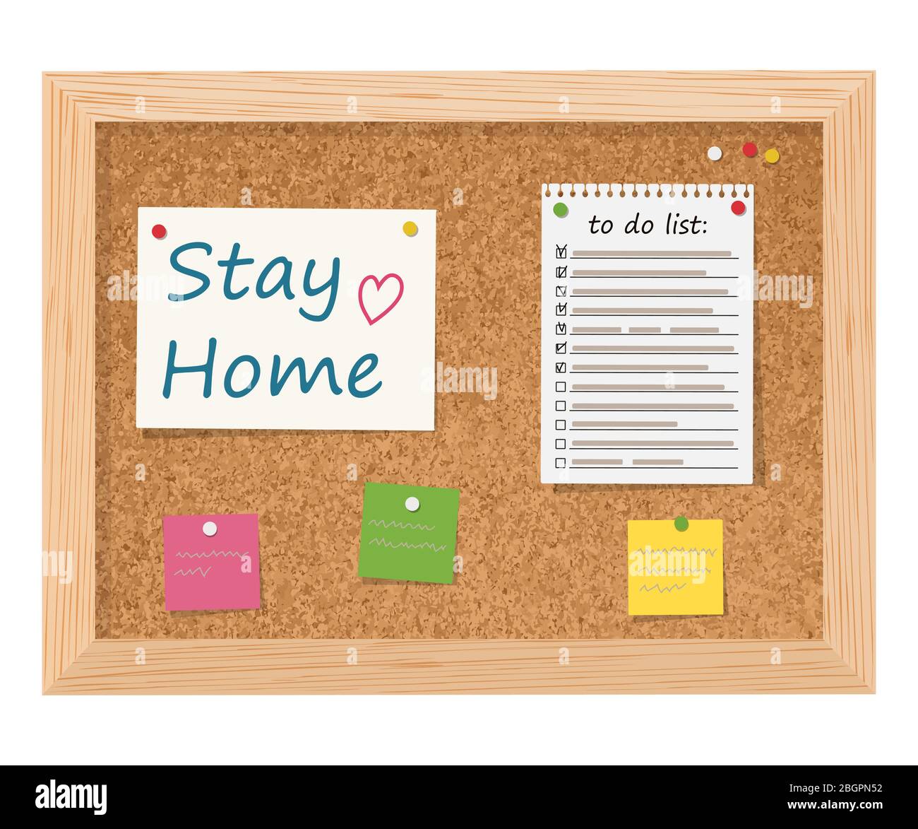 Stay at home. Cork board with to do list, adhesive notes and push pins ...