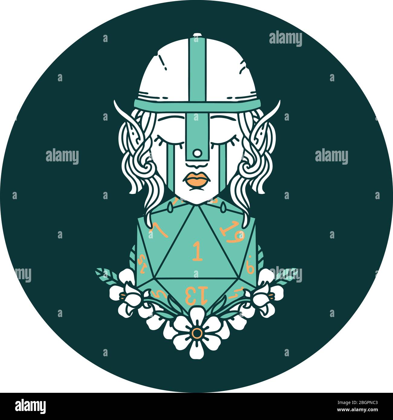 icon of sad elf fighter character with natural one d20 roll Stock ...