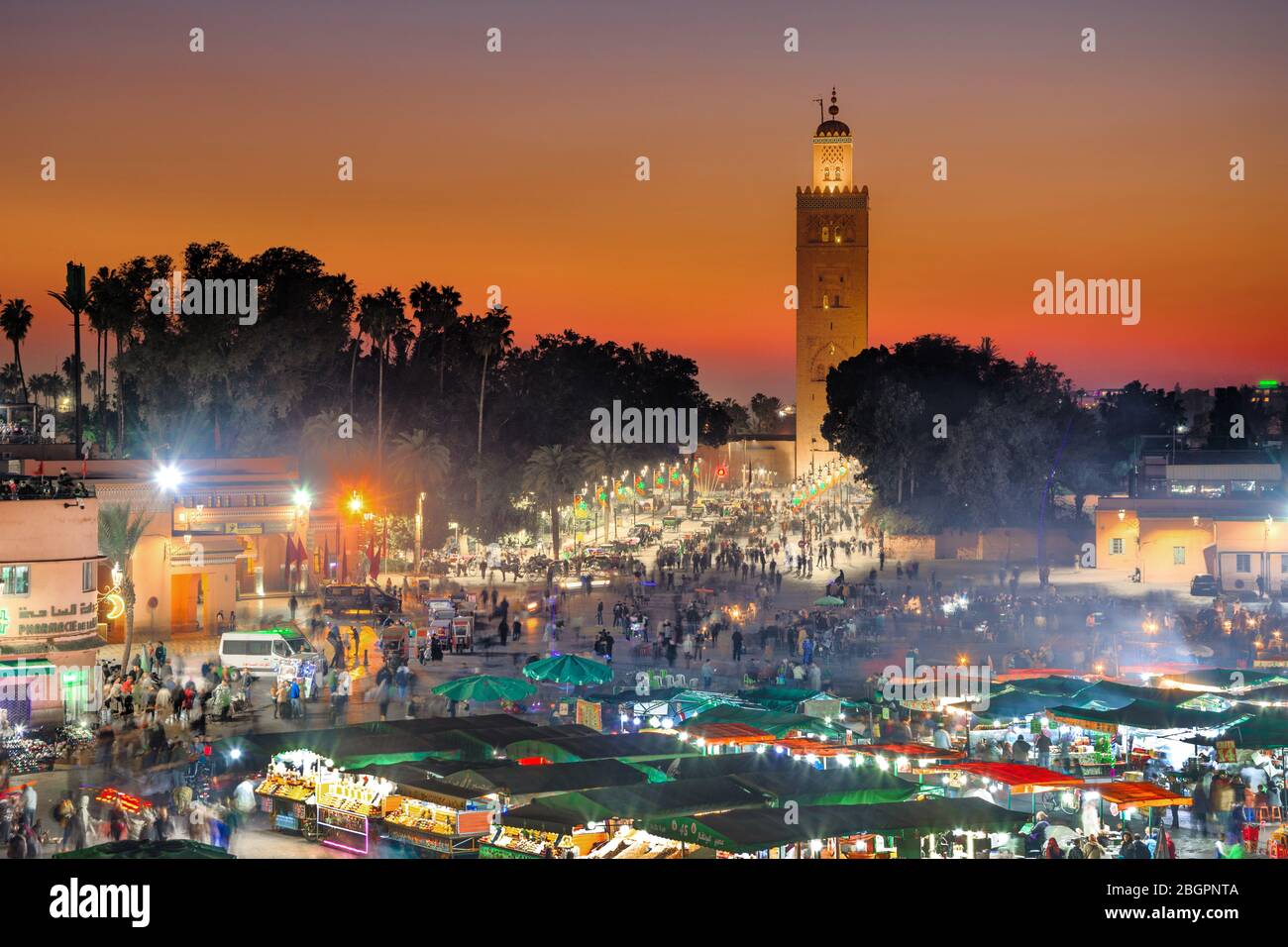 Jamaa el Fna market square with Koutoubia mosque, Marrakesh, Morocco ...