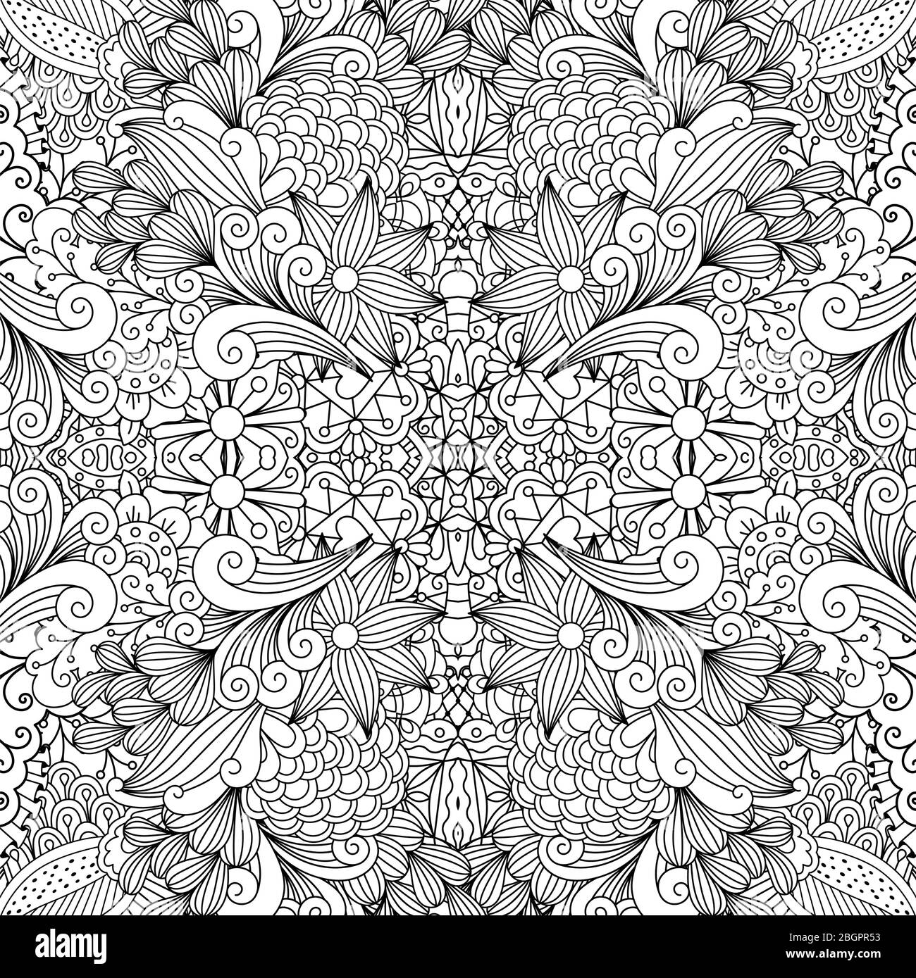 Outlined design of seamless ornate textile background with wavy flower ...