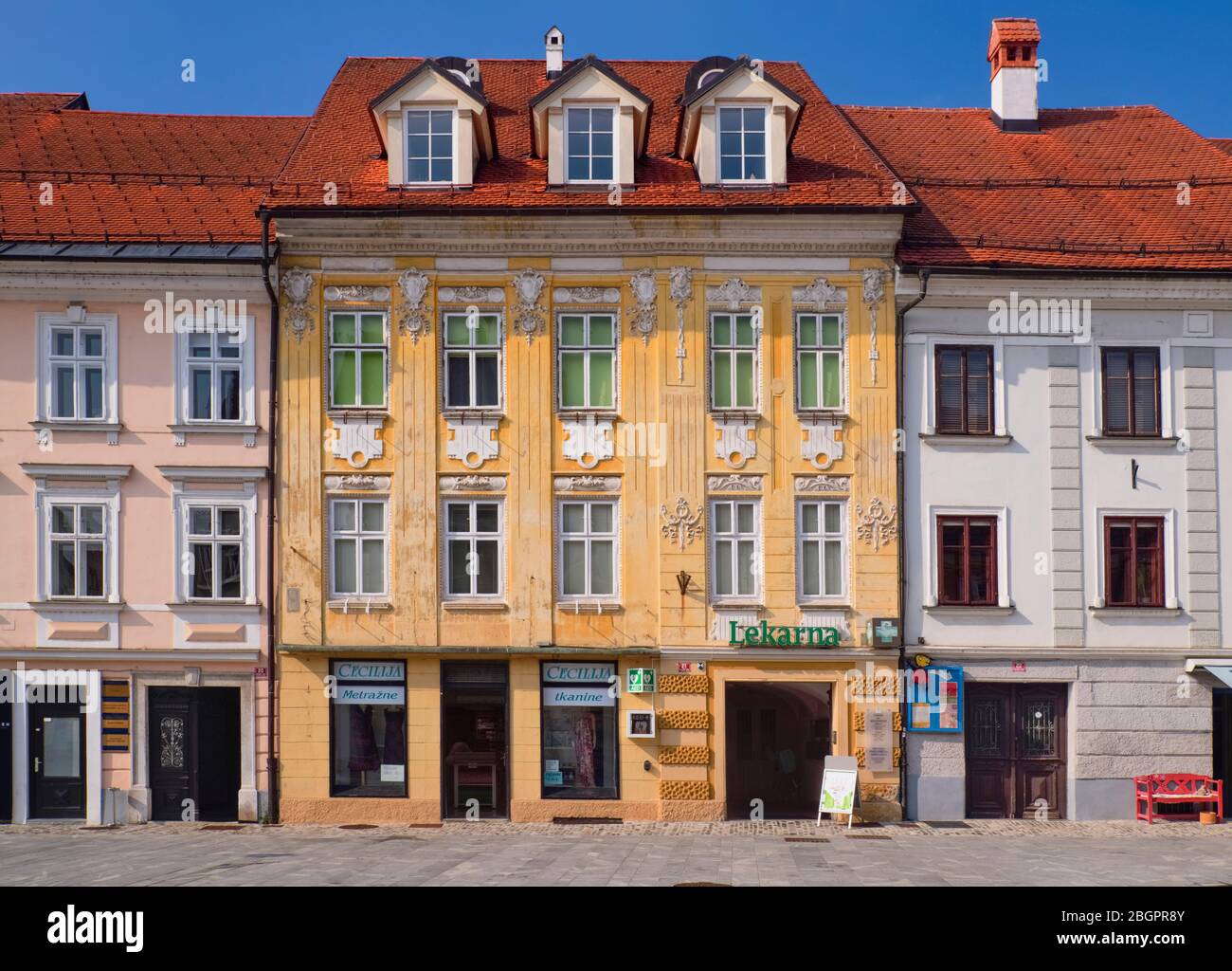 Slovenia, Upper Carniola, Kranj, Colourful facade on Glavni trg which ...