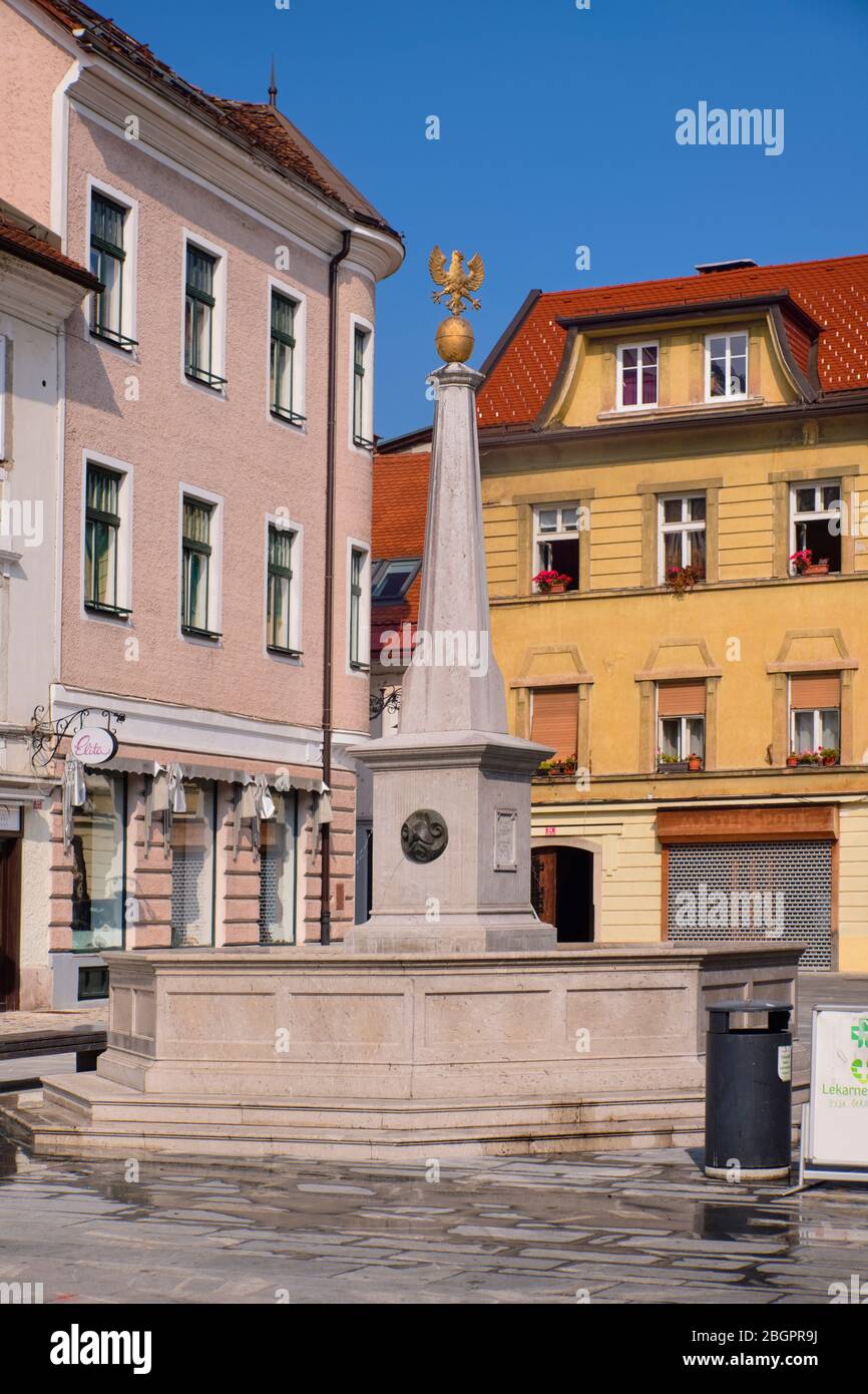 Slovenia, Upper Carniola, Kranj, Fountain on Glavni trg which is the ...