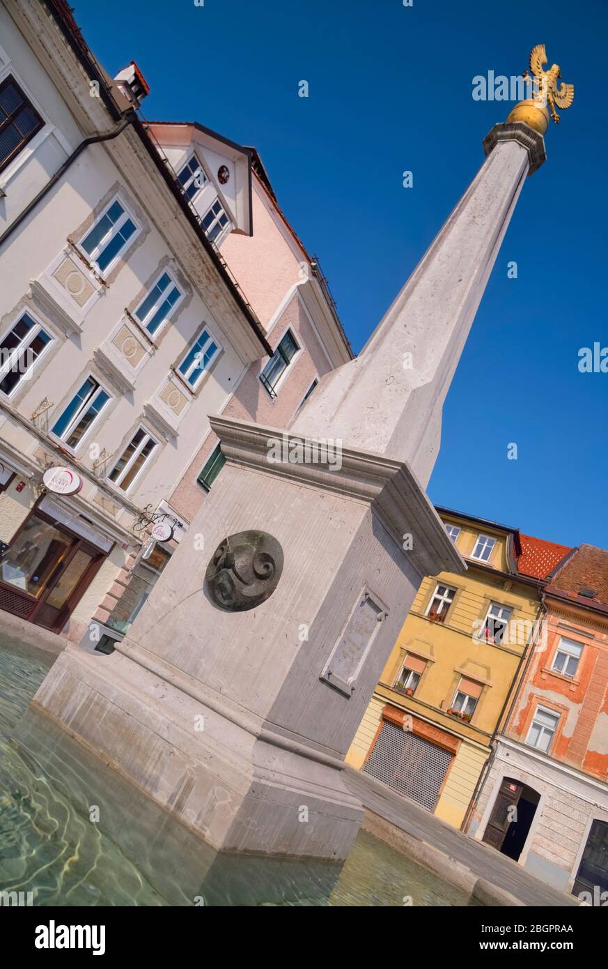 Slovenia, Upper Carniola, Kranj, Low angular view of the fountain on ...