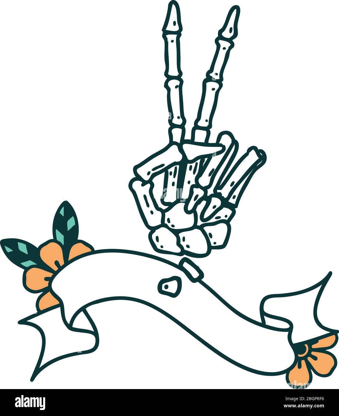 traditional tattoo with banner of a skeleton giving a peace sign Stock ...