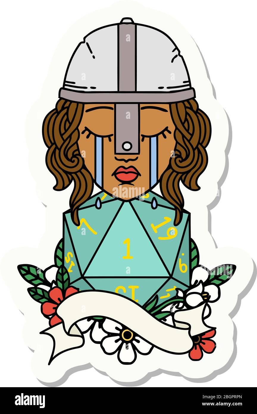 sticker of a crying human fighter with natural one D20 roll Stock ...