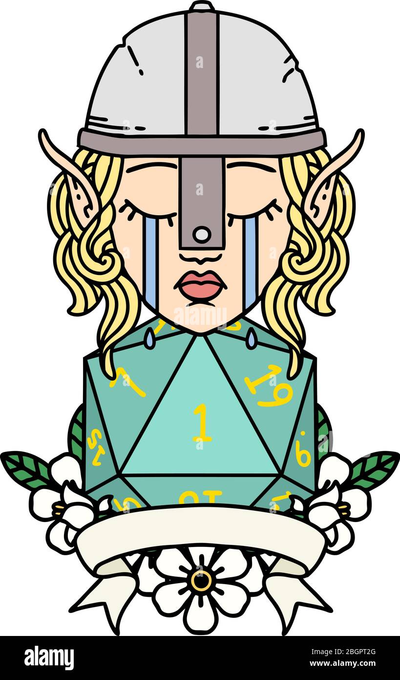 Retro Tattoo Style crying elf fighter character face with natural one ...
