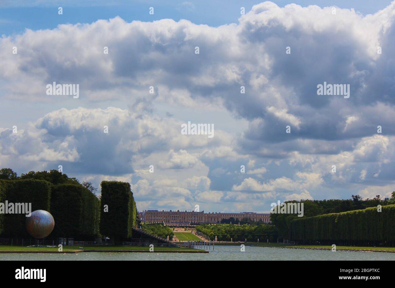 A lonely view of Versailles park, France. The geometric combination of ...