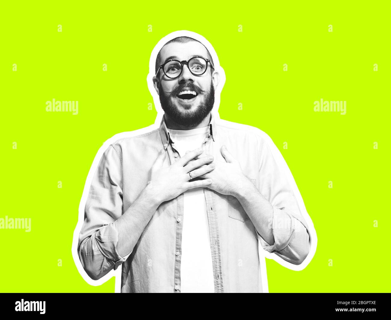 Shining happy. Collage in magazine style with caucasian emotional man ...