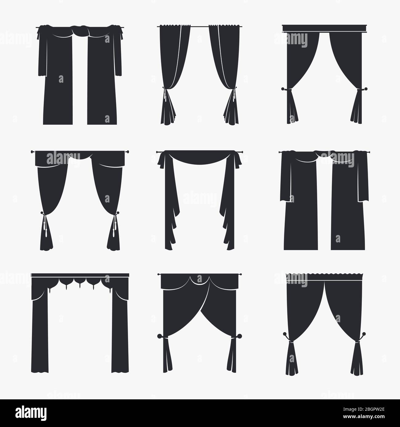 Vector black curtain icons on white background. Interior design ...