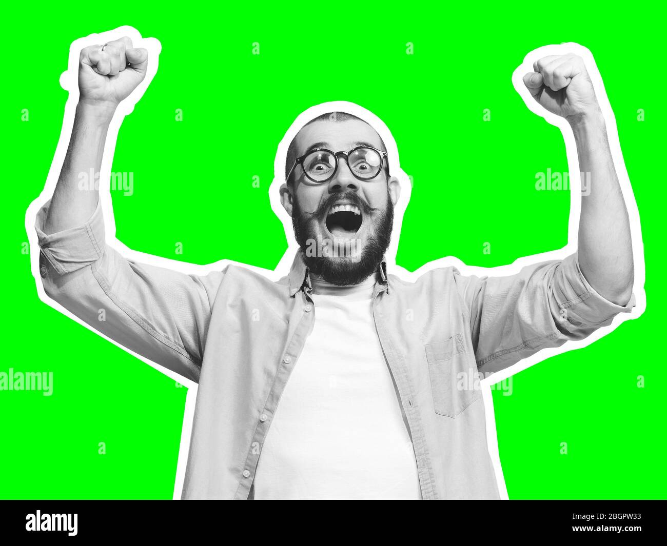 Celebrating winner. Collage in magazine style with emotional man in ...