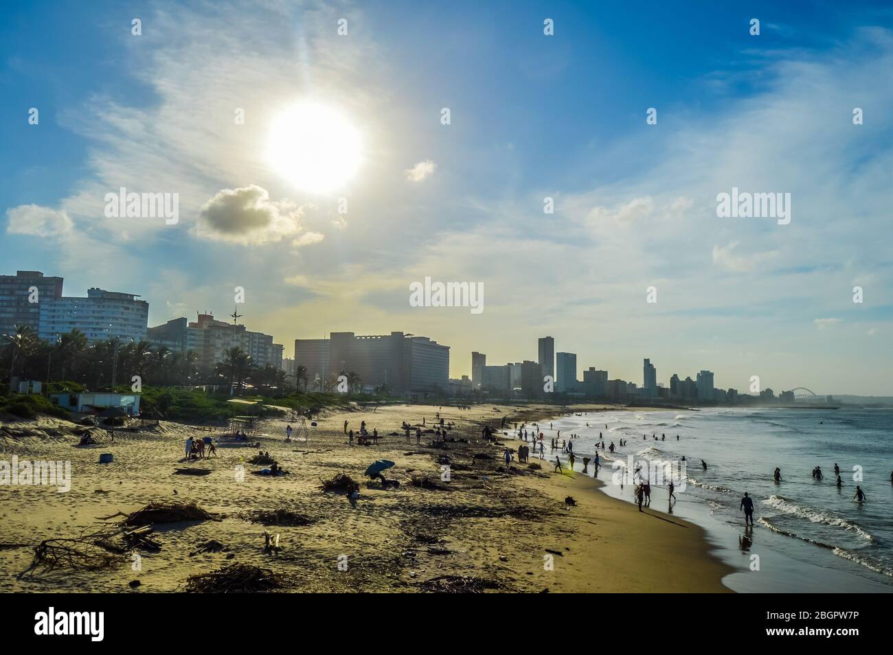 Durban golden mile beach with white sand and skyline KZN South Africa ...