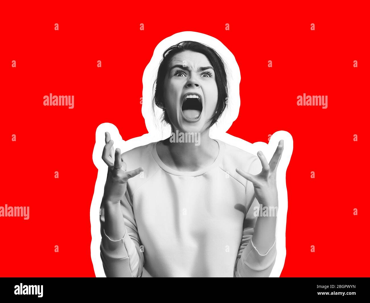 Angry screaming. Collage in magazine style with emotional man in black ...