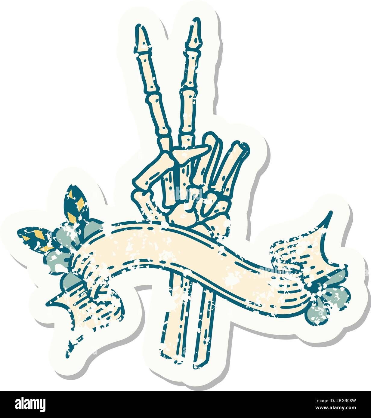 worn old sticker with banner of a skeleton giving a peace sign Stock ...