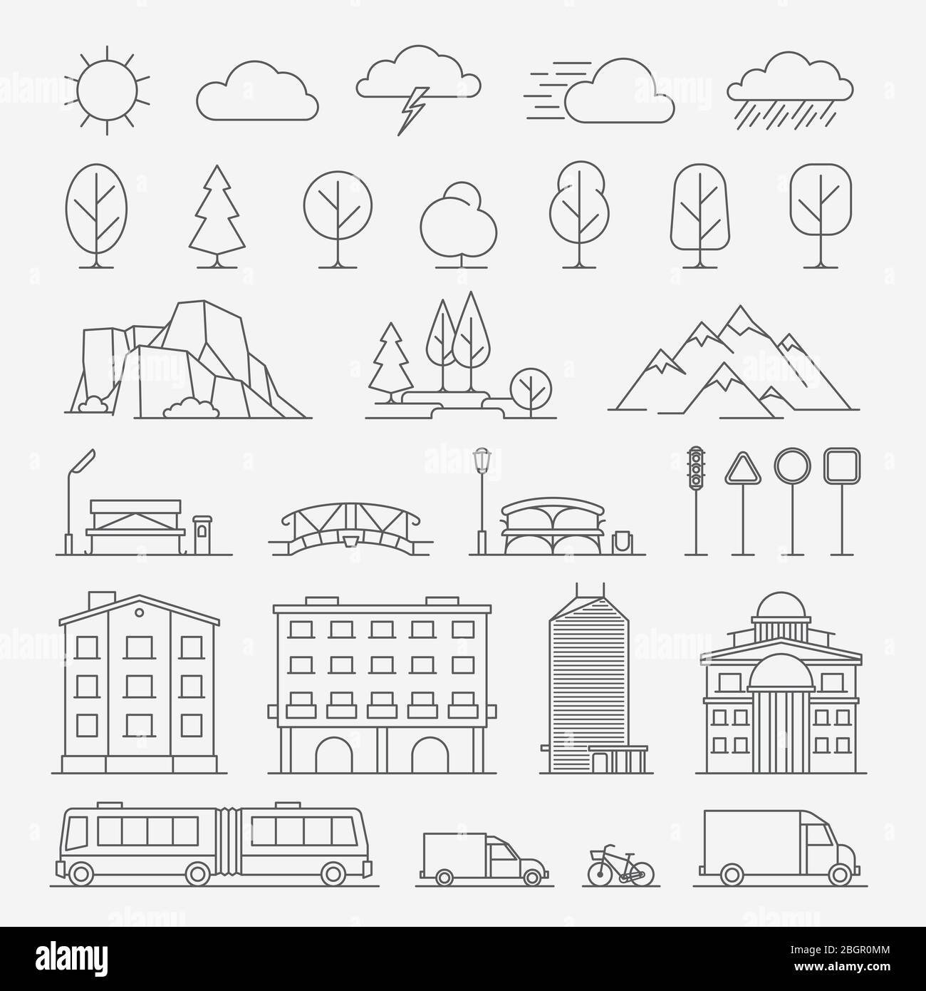 Urban line icons. Urban landscape linear signs. Vector illustration ...