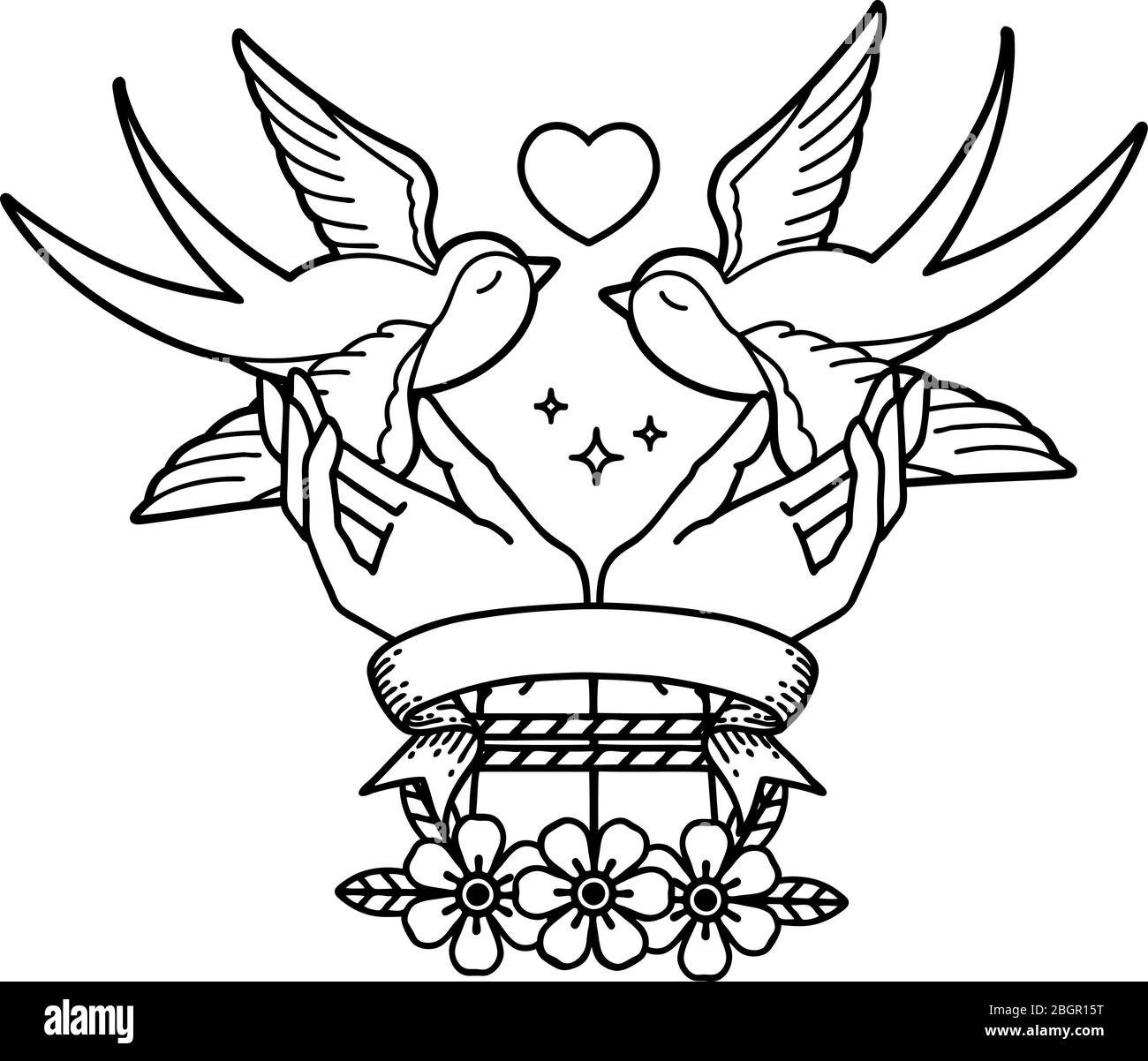 traditional black linework tattoo with banner of tied hands and ...