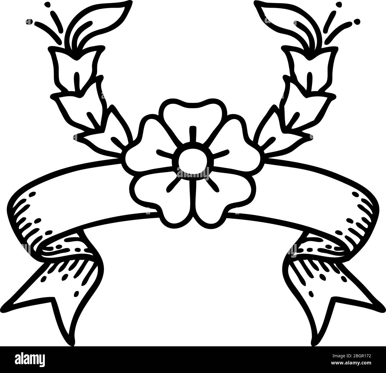 traditional black linework tattoo with banner of a decorative flower ...