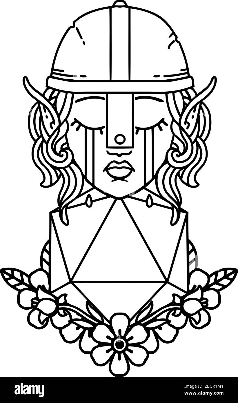 Black and White Tattoo linework Style sad elf fighter character with ...