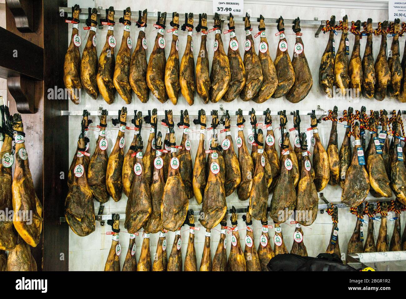 Ham shop in Jabugo Stock Photo - Alamy