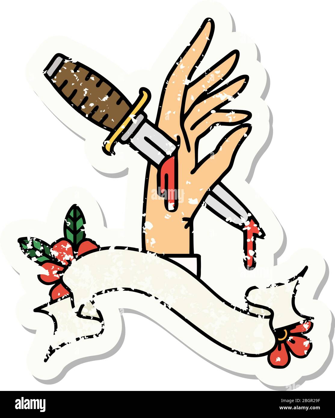 worn old sticker with banner of a dagger in the hand Stock Vector Image ...