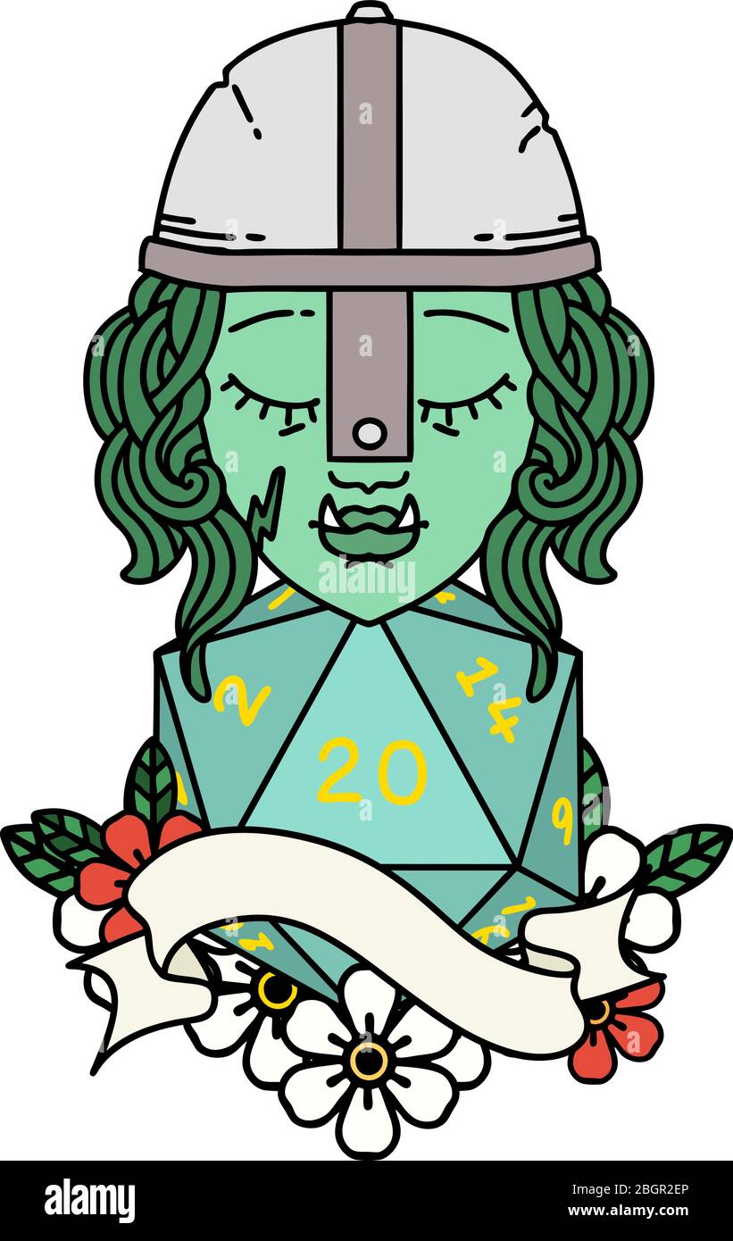 Retro Tattoo Style Half Orc Fighter Character With Natural 20 Dice Roll